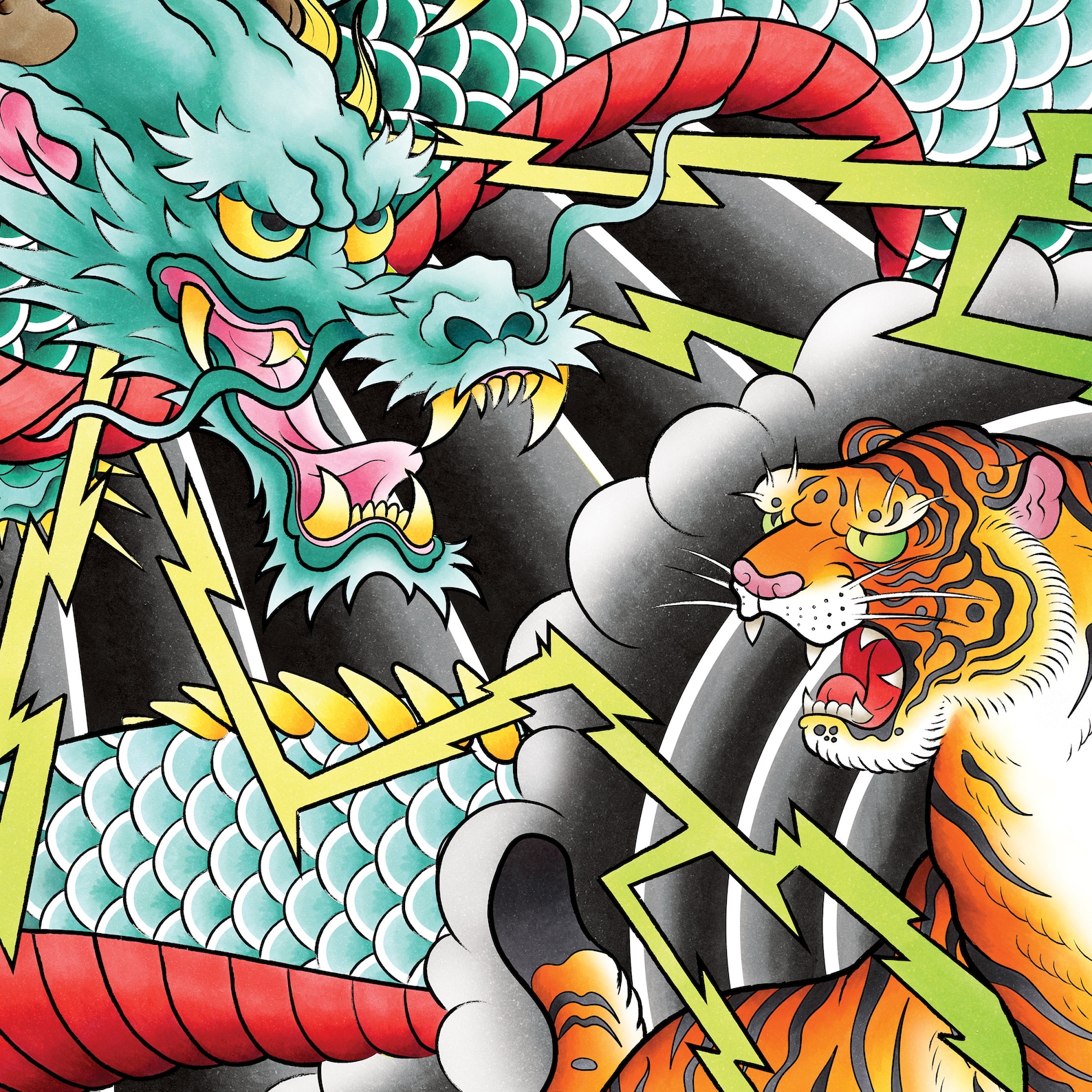 Dragon and Tiger Traditional Irezumi Japanese Tattoo Flash Hand Drawn ...