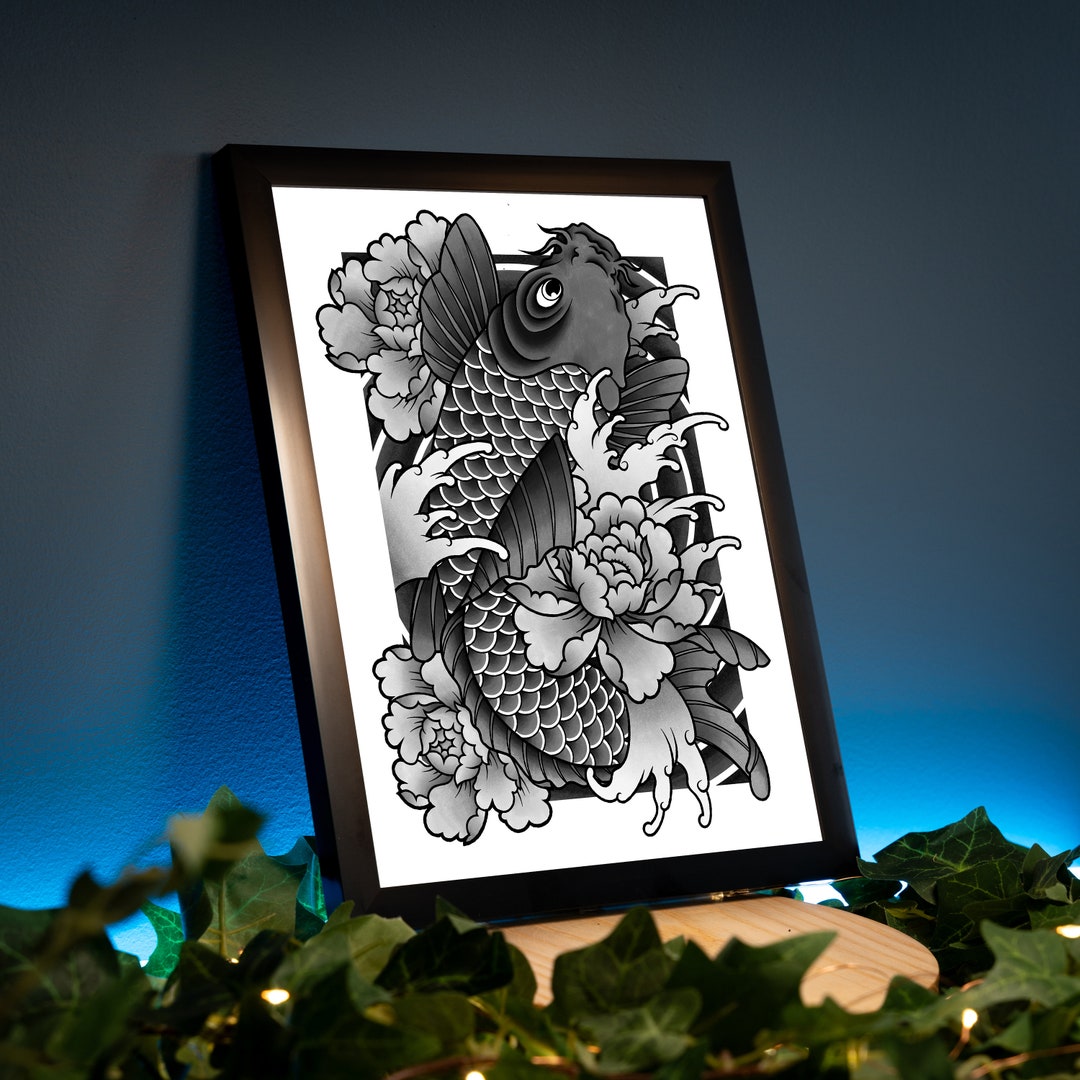 Koi Fish and Peony Black and Grey Traditional Irezumi Japanese Tattoo ...