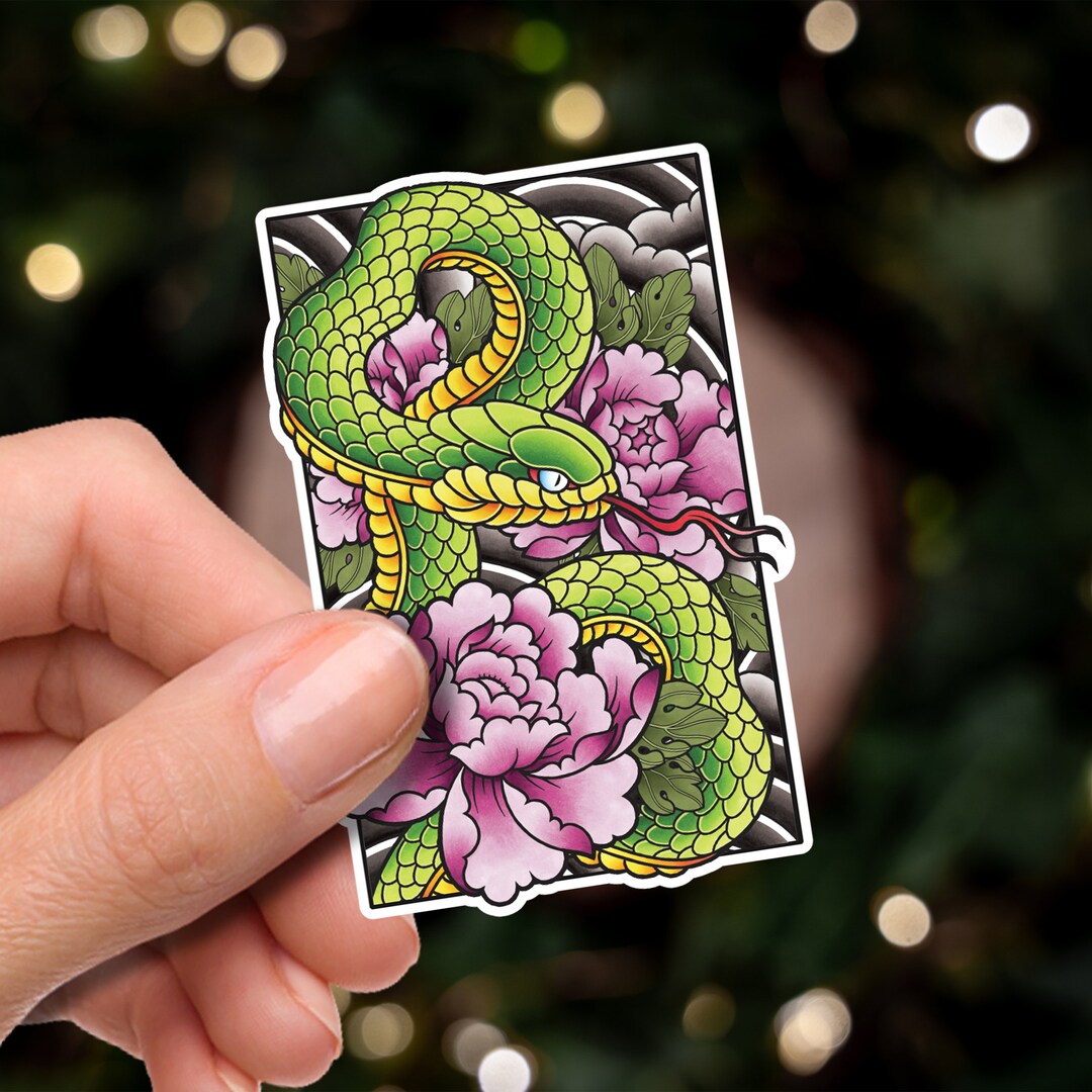 Hebi Snake and Peony Traditional Hand Drawn Irezumi Tattoo Flash Fine ...