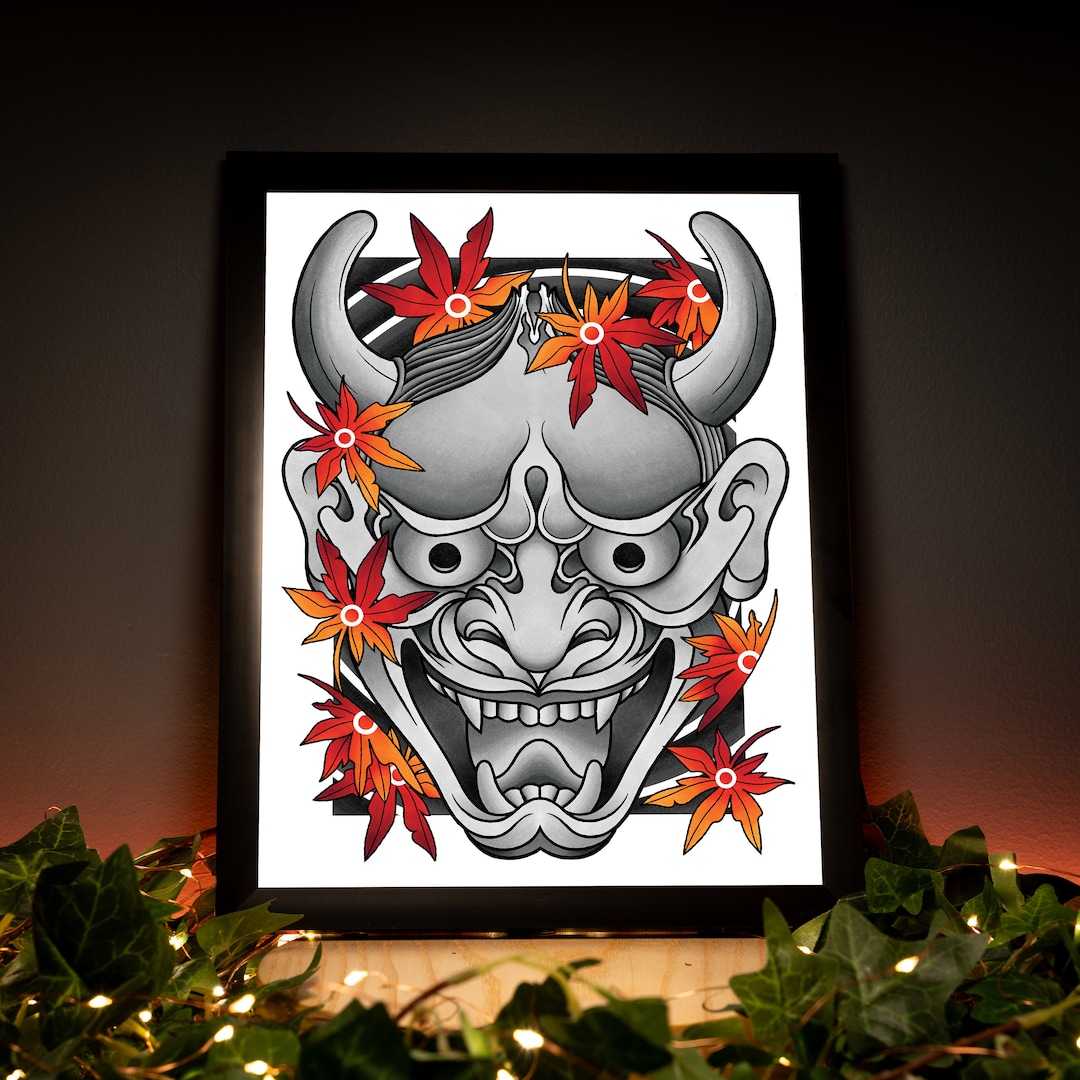 Hannya Oni Noh Mask Black and Grey With Maple Leaf Traditional Irezumi ...
