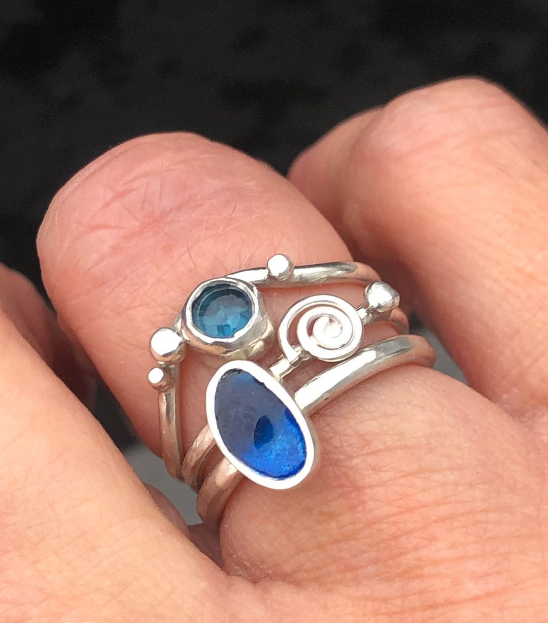 Blue Topaz Stack Ring. Silver Stack Ring, Enamel Ring, London Blue Topaz Pebble Ring, Pebble ...