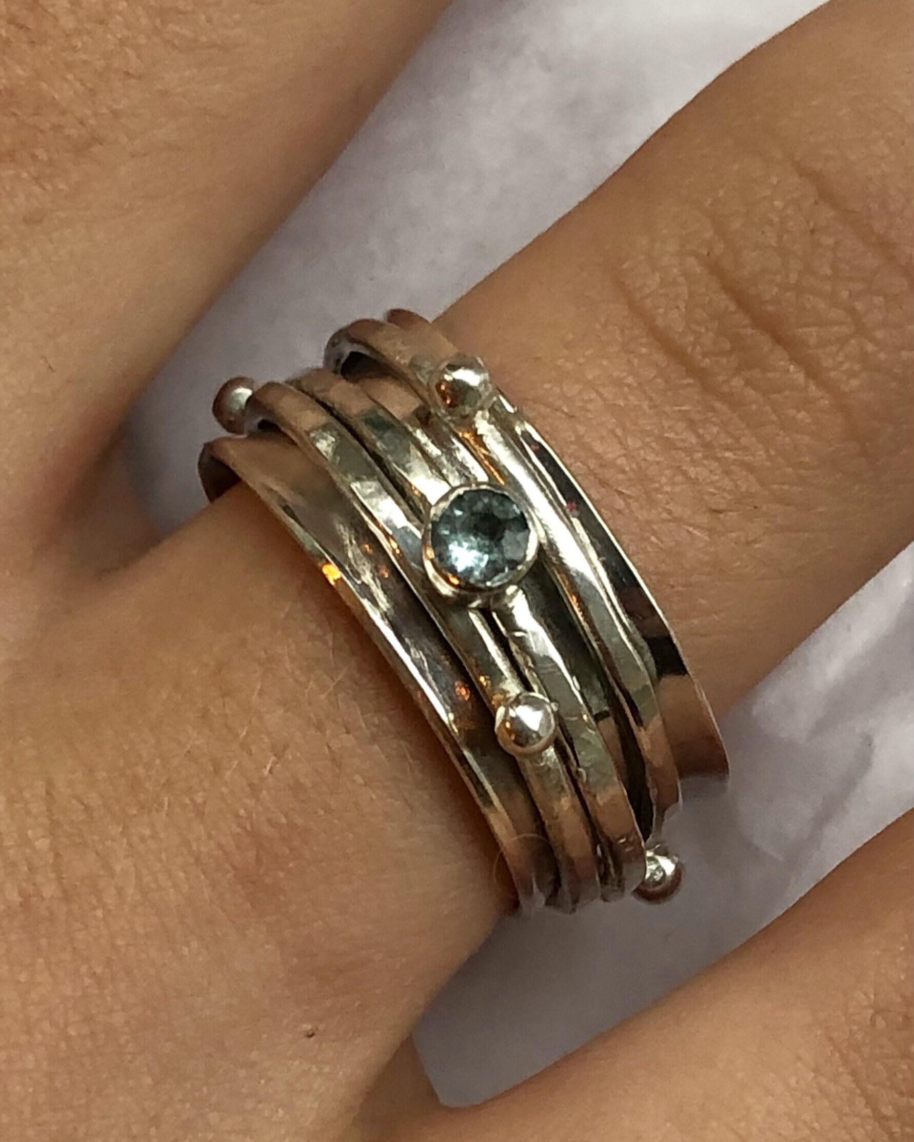 Aquamarine Sterling Silver Spinner Ring: Wide Hammered Band - Etsy
