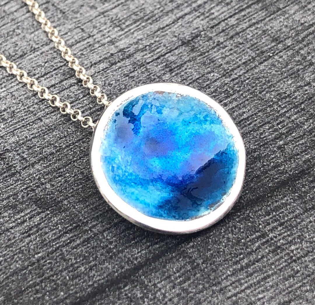 Blue Enamel Pendant. Enamel Pendant. Silver and Enamel Necklace. Water ...