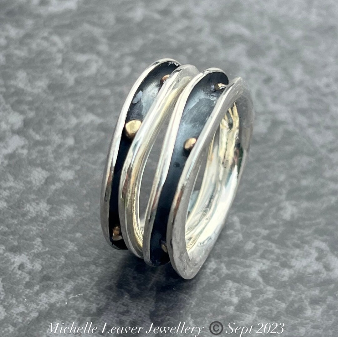Freeform Stack Ring, Oxidised Stack Ring, Wide Wavy Ring, Gold Dots ...