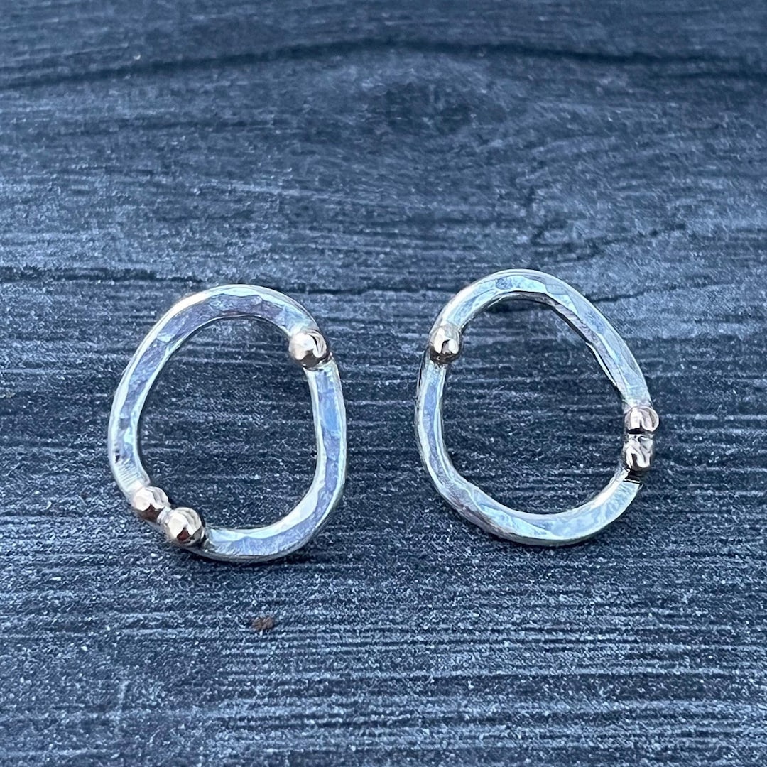 Hammered Sterling Silver Pebble Studs: Gold Bubble Detail - Etsy