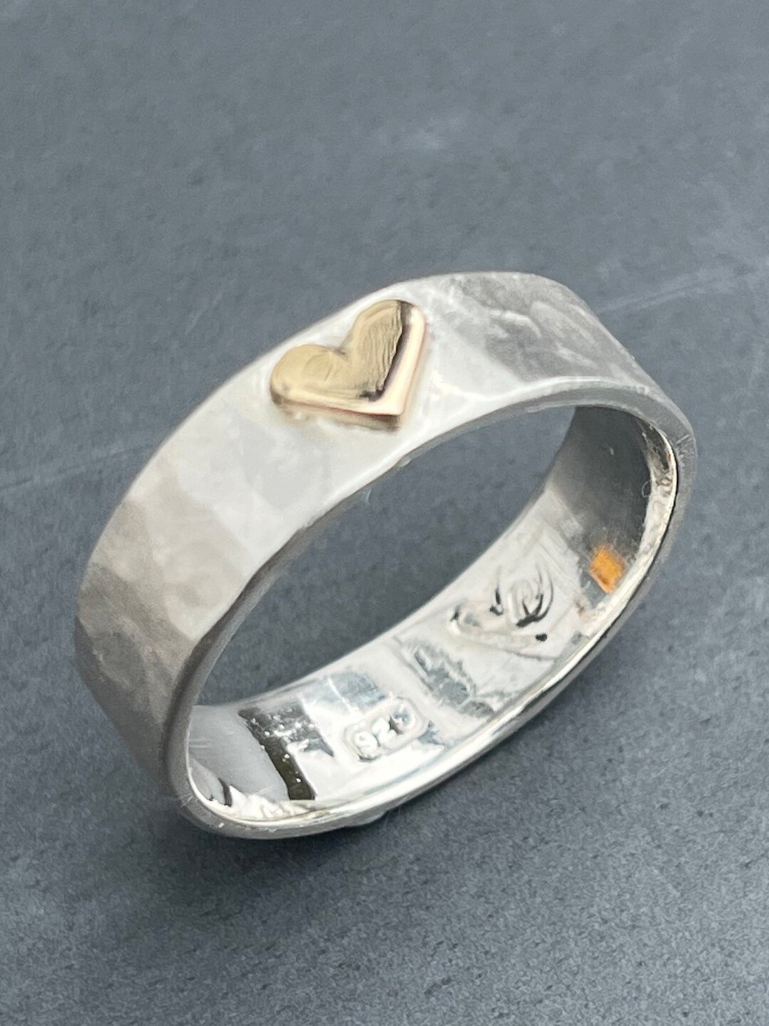 Gold Heart Ring. Gift for Her, Gold Heart Band, Hammered Silver Ring ...