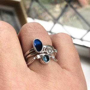 Blue Topaz Stack Ring. Silver Stack Ring, Enamel Ring, London Blue Topaz Pebble Ring, Pebble ...