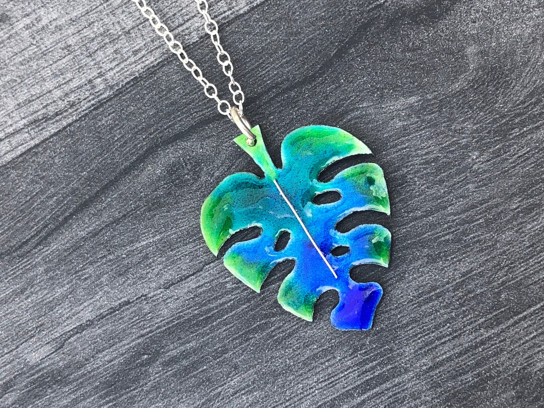 Enamel Montserrat Leaf Pendant: Sterling Silver Necklace - Etsy UK