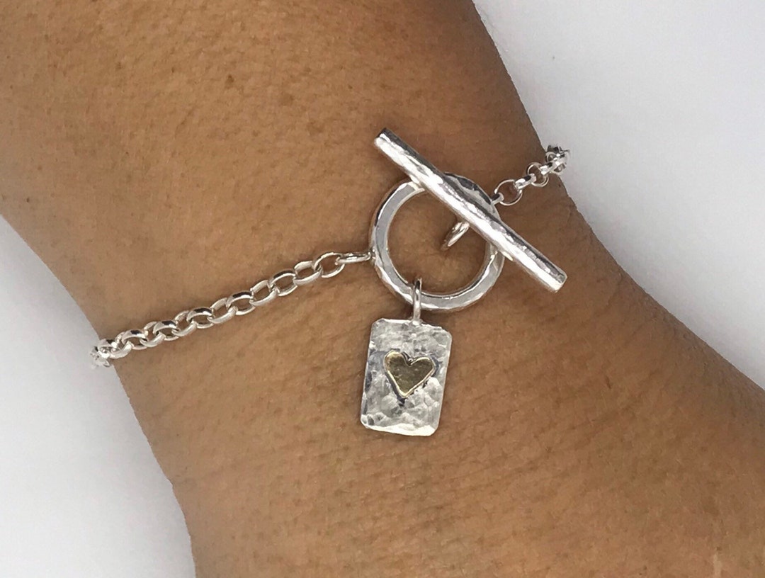 Silver Fob Bracelet, Silver Toggle Bracelet, Gold Heart Bracelet, Gold ...