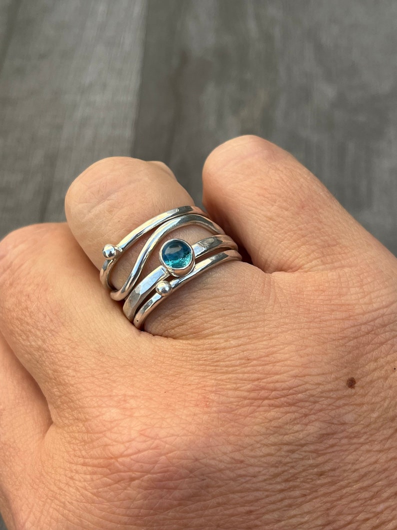Silver Stack Ring, Blue Topaz Stack Ring, Stack Ring, Wave Rings, Sea Inspired Jewellery, Gift ...