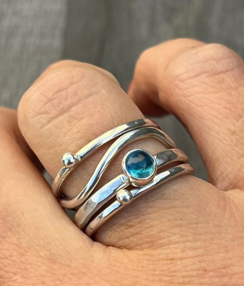 Silver Stack Ring, Blue Topaz Stack Ring, Stack Ring, Wave Rings, Sea Inspired Jewellery, Gift ...
