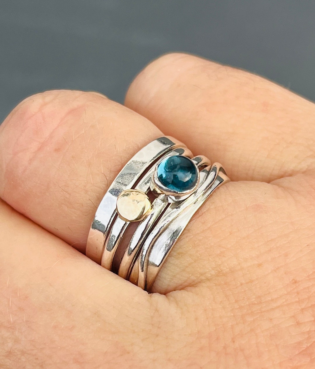 Blue Topaz Stack Ring, Silver Stack Ring. Stacked Ring. Silver and Gold ...