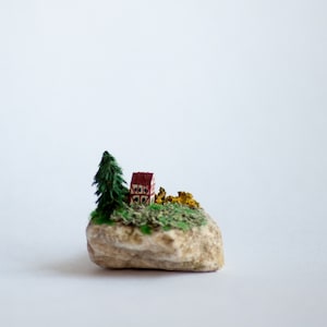 Deco Miniature Sculpture Micro House With Trees on Stone 0.8 Inches (2. ...