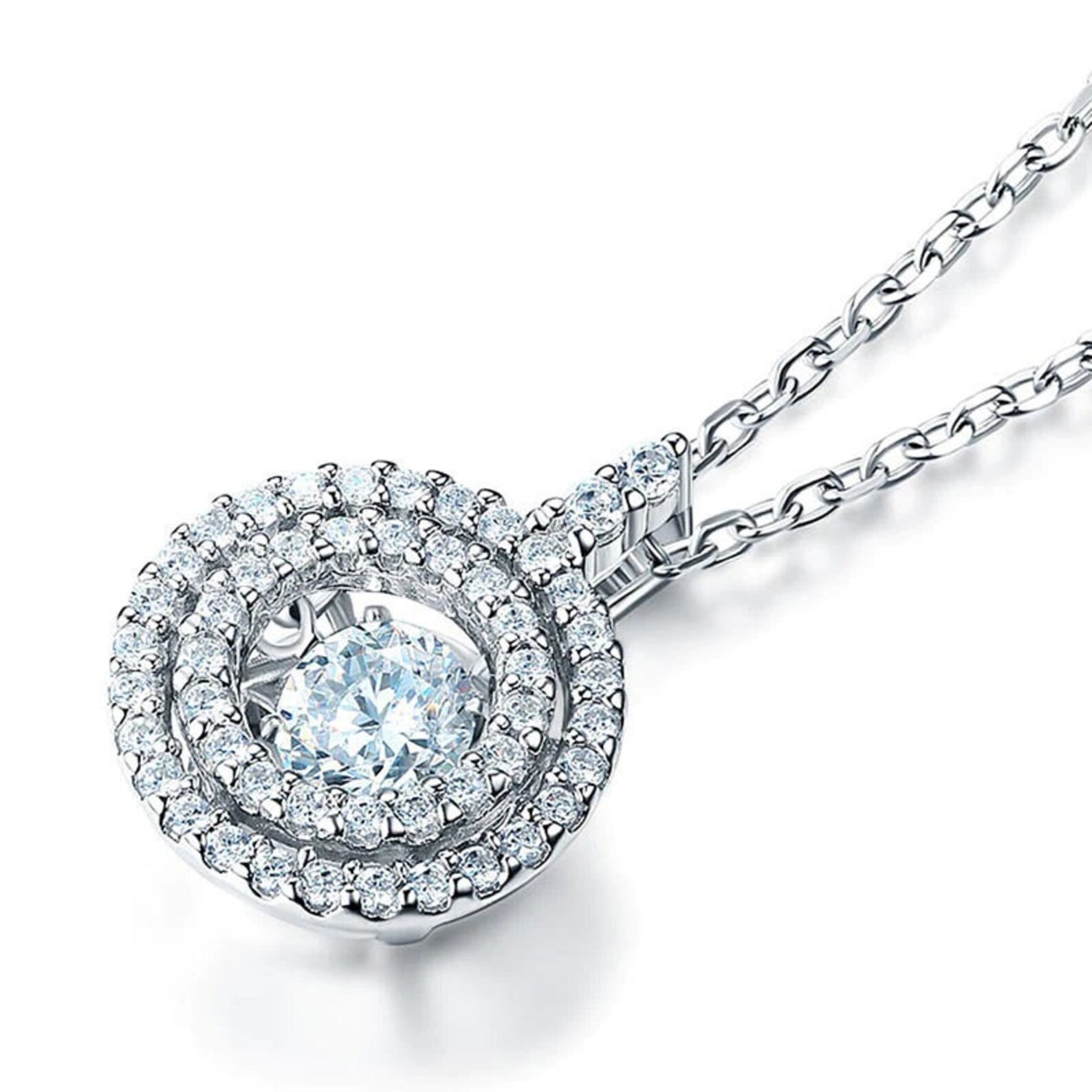 Dancing Stone Halo Pendant Necklace Solid 925 Sterling Silver - Etsy