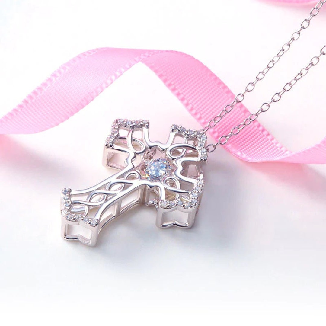 Vintage Style Cross Dancing Stone Pendant Necklace 925 Sterling Silver ...