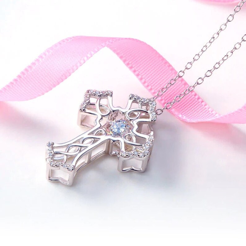 Vintage Style Cross Dancing Stone Pendant Necklace 925 Sterling Silver ...