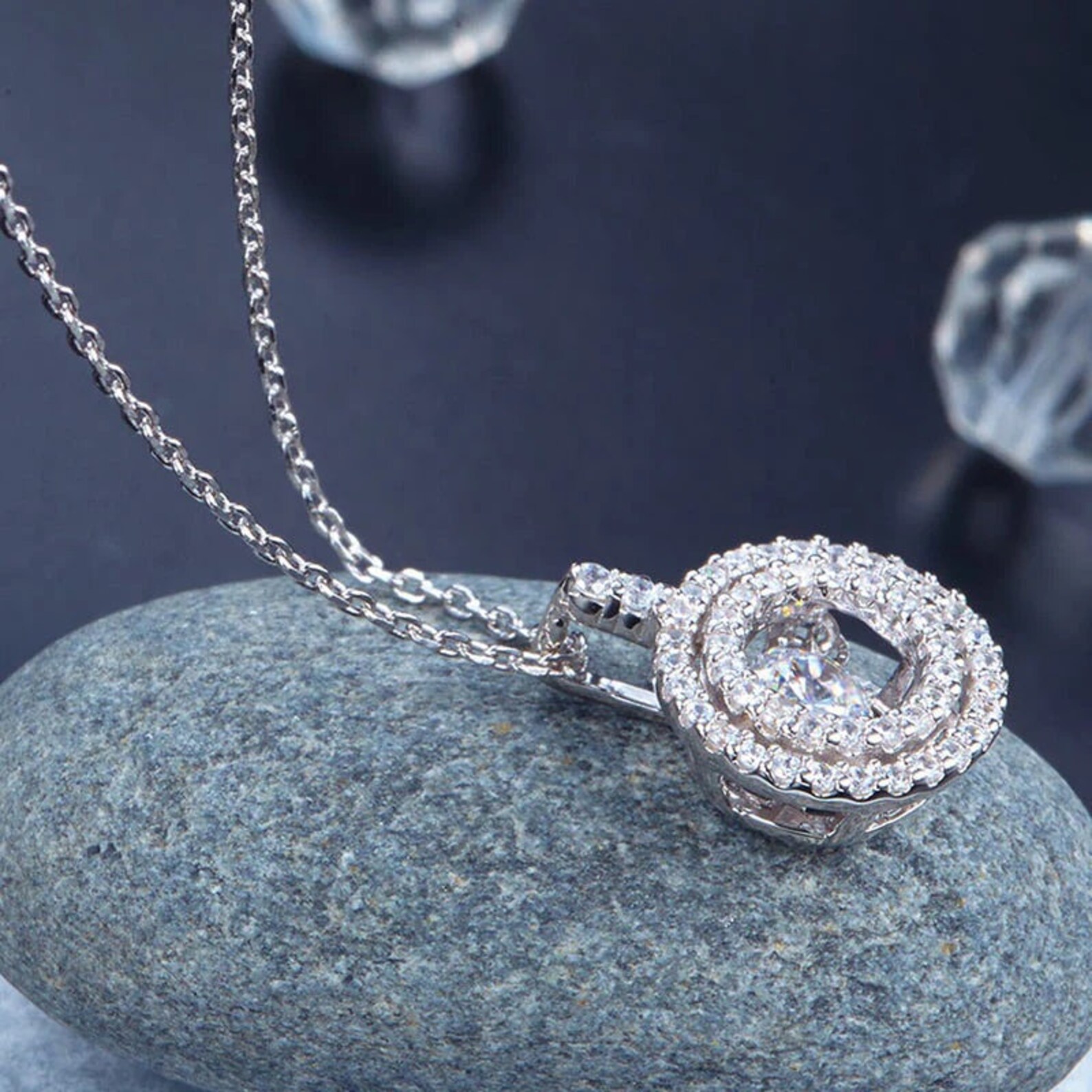 Dancing Stone Halo Pendant Necklace Solid 925 Sterling Silver - Etsy