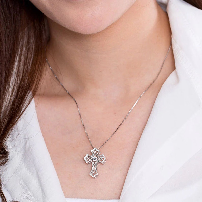 Vintage Style Cross Dancing Stone Pendant Necklace 925 Sterling Silver ...