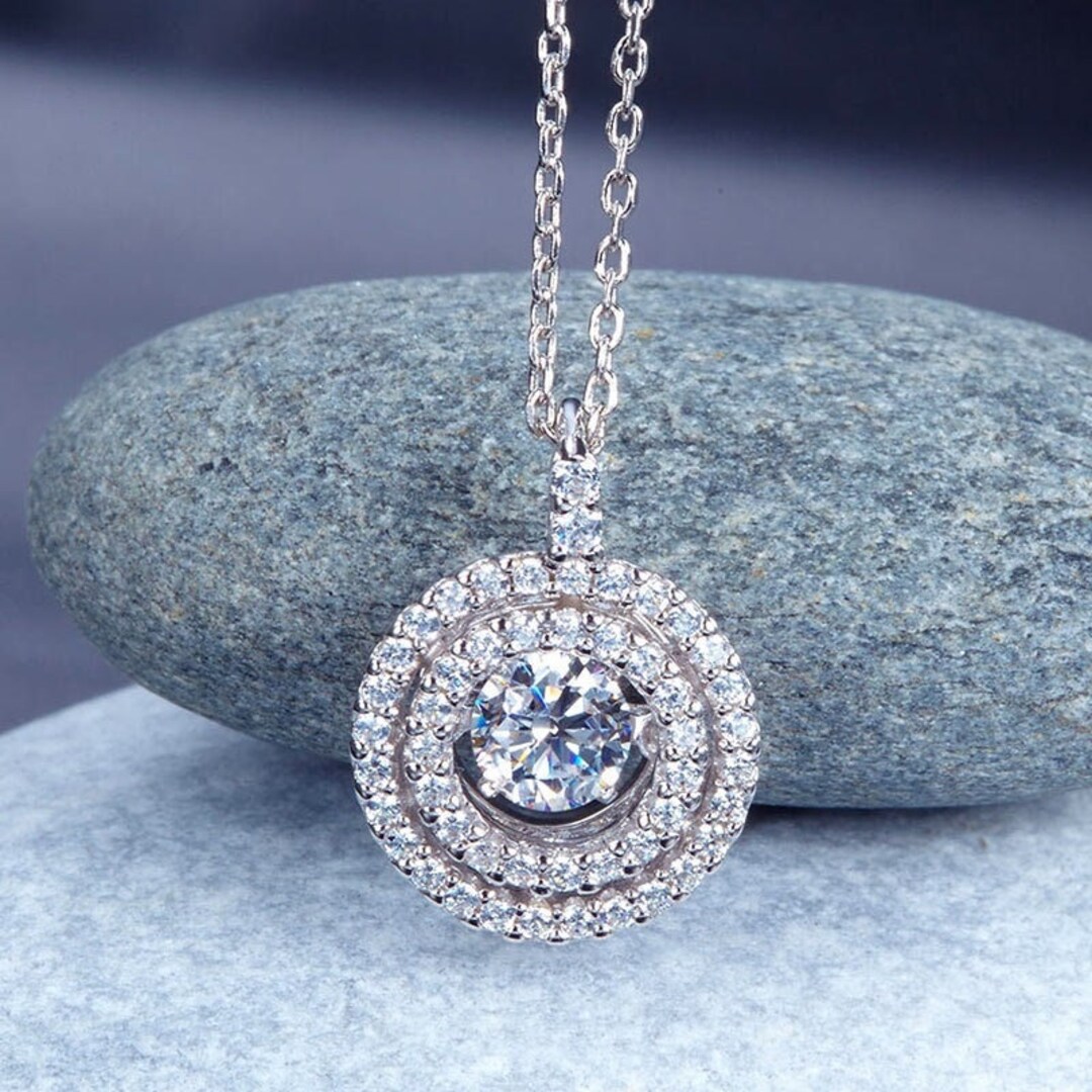 Dancing Stone Halo Pendant Necklace Solid 925 Sterling Silver - Etsy