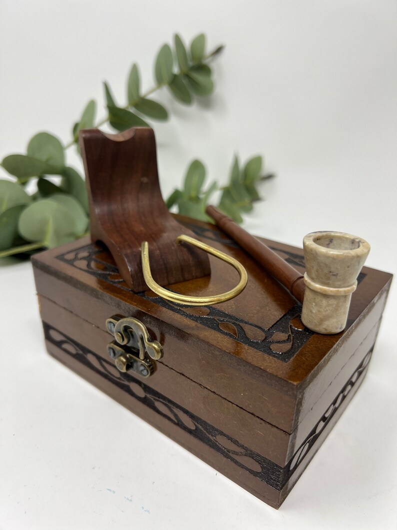 Hand Carved Pear Wood Tobacco Pipe: Marble Stone Bowl, Detachable Stem ...
