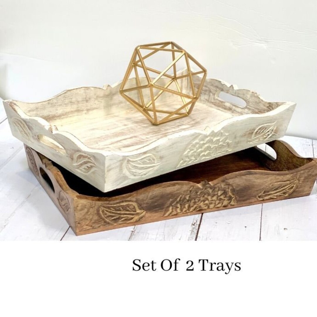 Rustic Farmhouse Wood Tray Set: Handcarved Acacia Ottoman Trays (15x11 ...