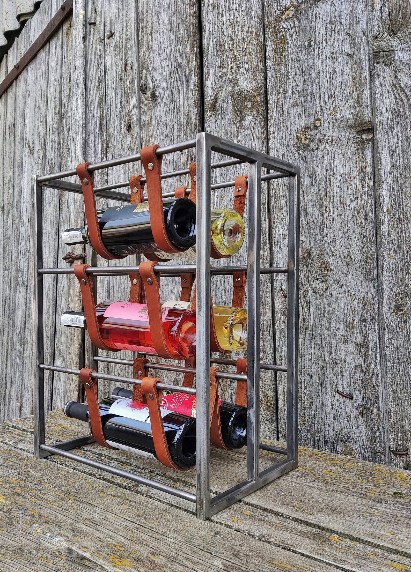 Metal Stand for 6 Bottles With Leather Hanging Straps Wine - Etsy