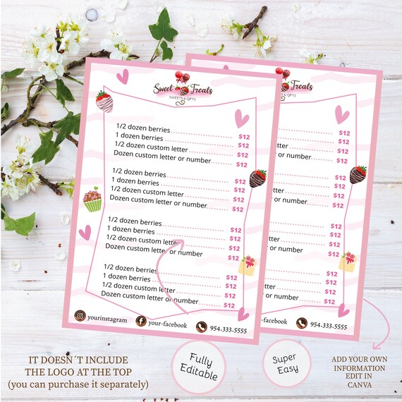 Strawberry PRICE LIST Editable Template Sweet Treats Flyer - Etsy