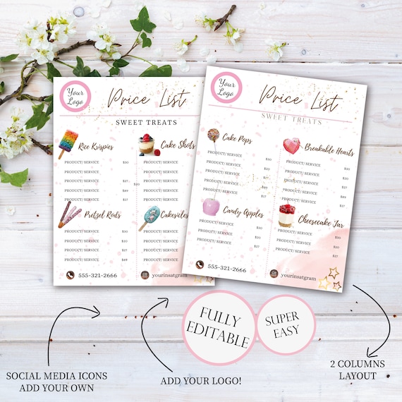 Sweet Treats PRICE LIST Template Editable Super Easyheart - Etsy