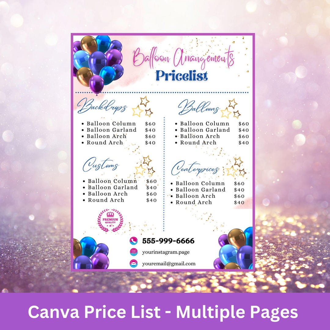 Balloons Party Price List Canva Template, Party Planner, Editable Super ...