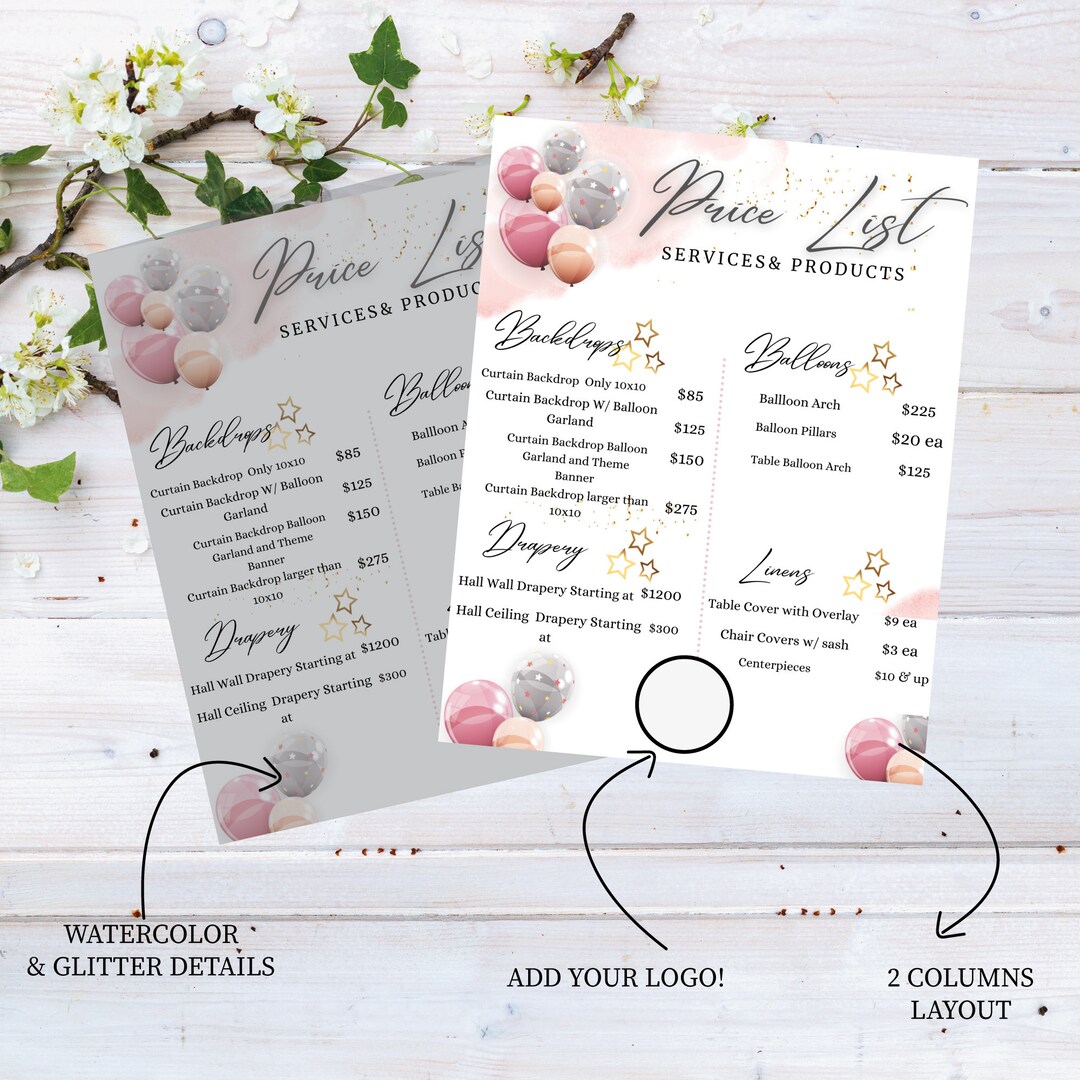 PRICE LIST Template, Party Planner, Balloons Price List, Editable Super ...