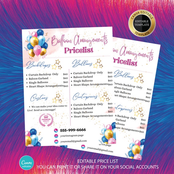 PRICE LIST Template Balloons Price List Party Planner - Etsy