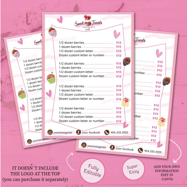 Strawberry PRICE LIST Editable Template Sweet Treats Flyer - Etsy