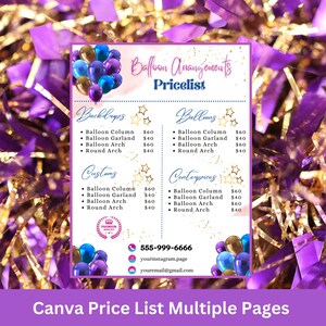 Balloons Party Price List Canva Template, Party Planner, Editable Super ...