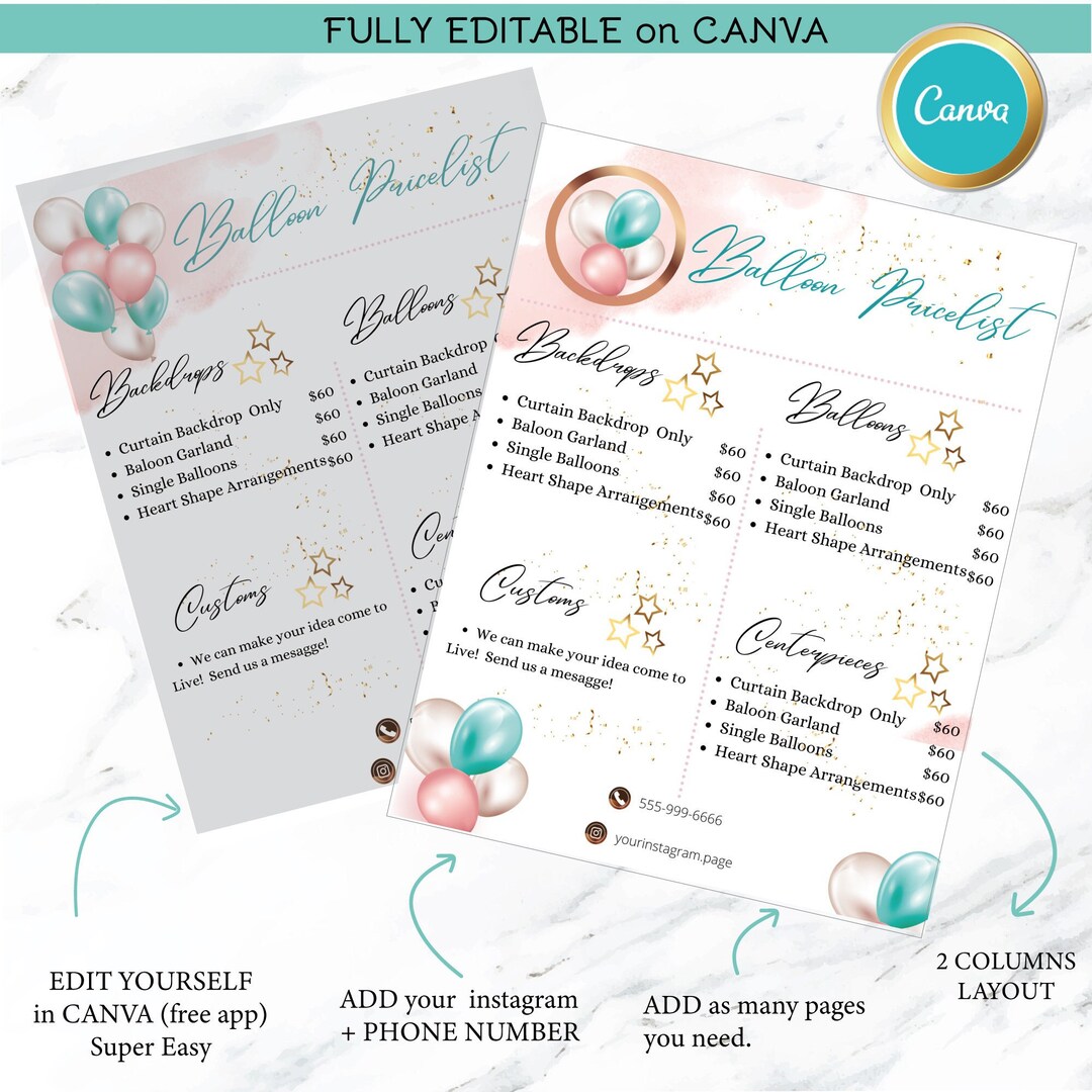 PRICE LIST Template, Balloons Price List, Party Planner, Editable Super ...