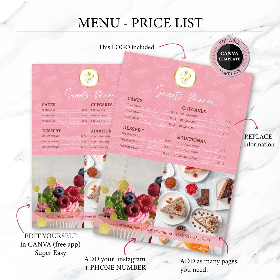 PRICE LIST Sweets Bakery Strawberry Template, Canva Editable Super Easy ...