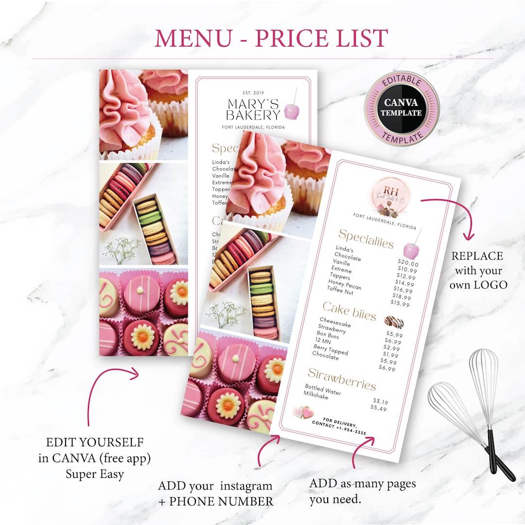 Sweet Treats PRICE LIST Template, Canva Editable Super Easy, Heart ...