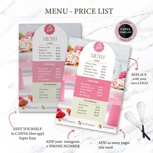 Sweets Bakery Strawberry PRICE LIST Template, Canva Editable Super Easy ...