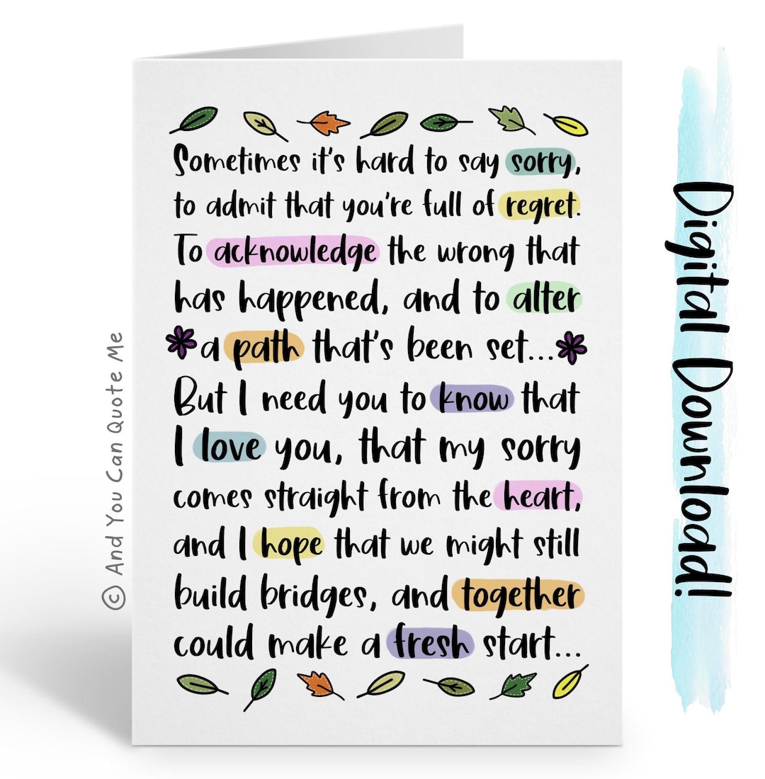 Printable Sorry, Apology Card, Instant Download, Sorry Cards, Break up ...
