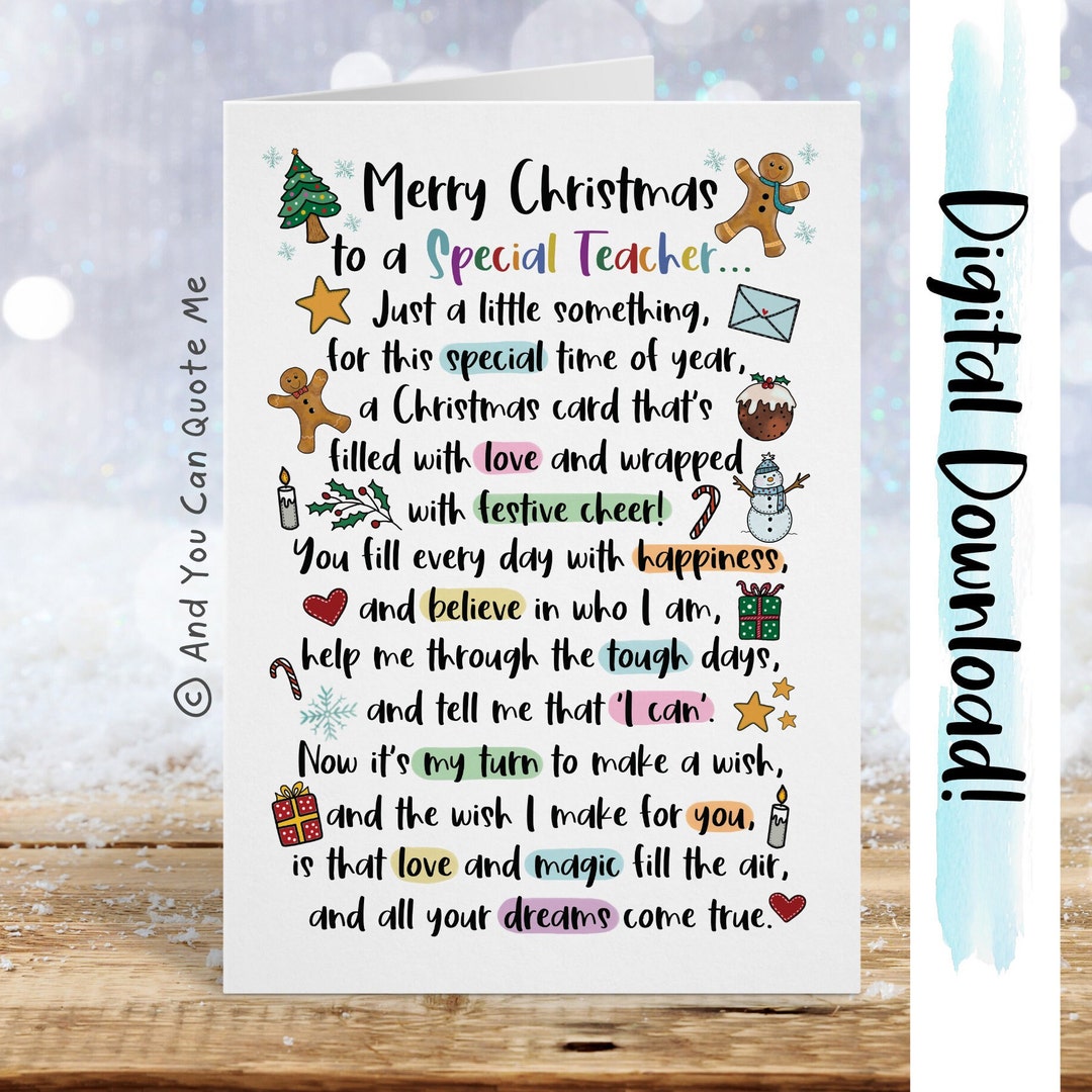 Printable Teacher Card, Christmas Teacher Card, Downloadable Card ...