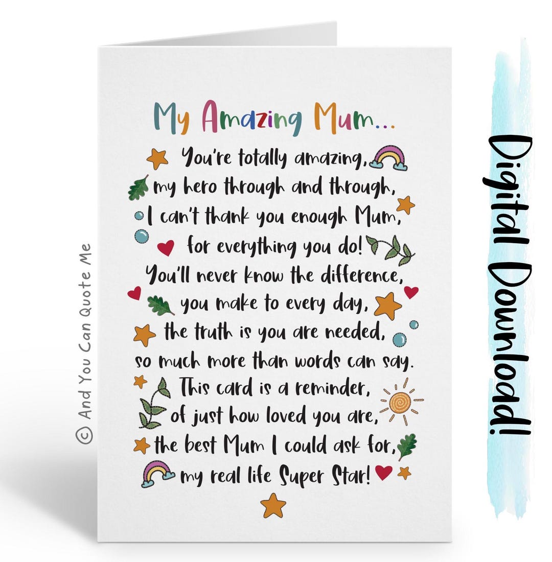Thank You Mum, Mother's Day Card, Mum Printable, Supportive Mum ...