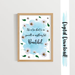 Self Esteem Quote, Quote Art Print, Digital Wall Art Floral, Positivity ...
