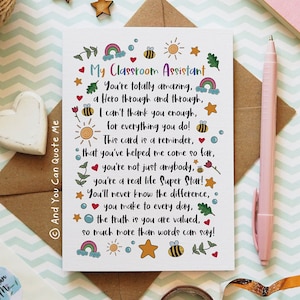 Classroom Assistant, Thank You Card, LSA Card, Teaching Assistant ...