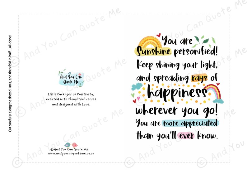 Appreciation Card, My Sunshine, Friendship Card, Daily Reminder, and ...
