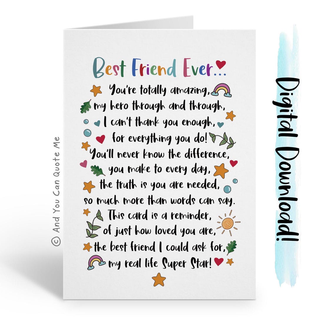 Best Friend Card, Bestie Download, Thank You Friend, Supportive Friend ...