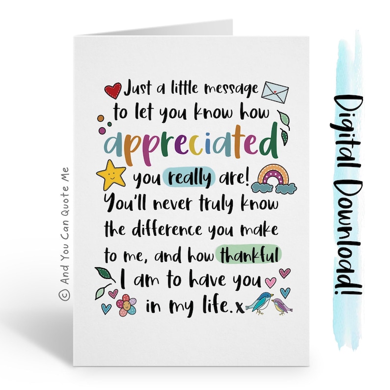 Appreciation Card, Thank You Card, Friendship Card, Supportive Friend ...
