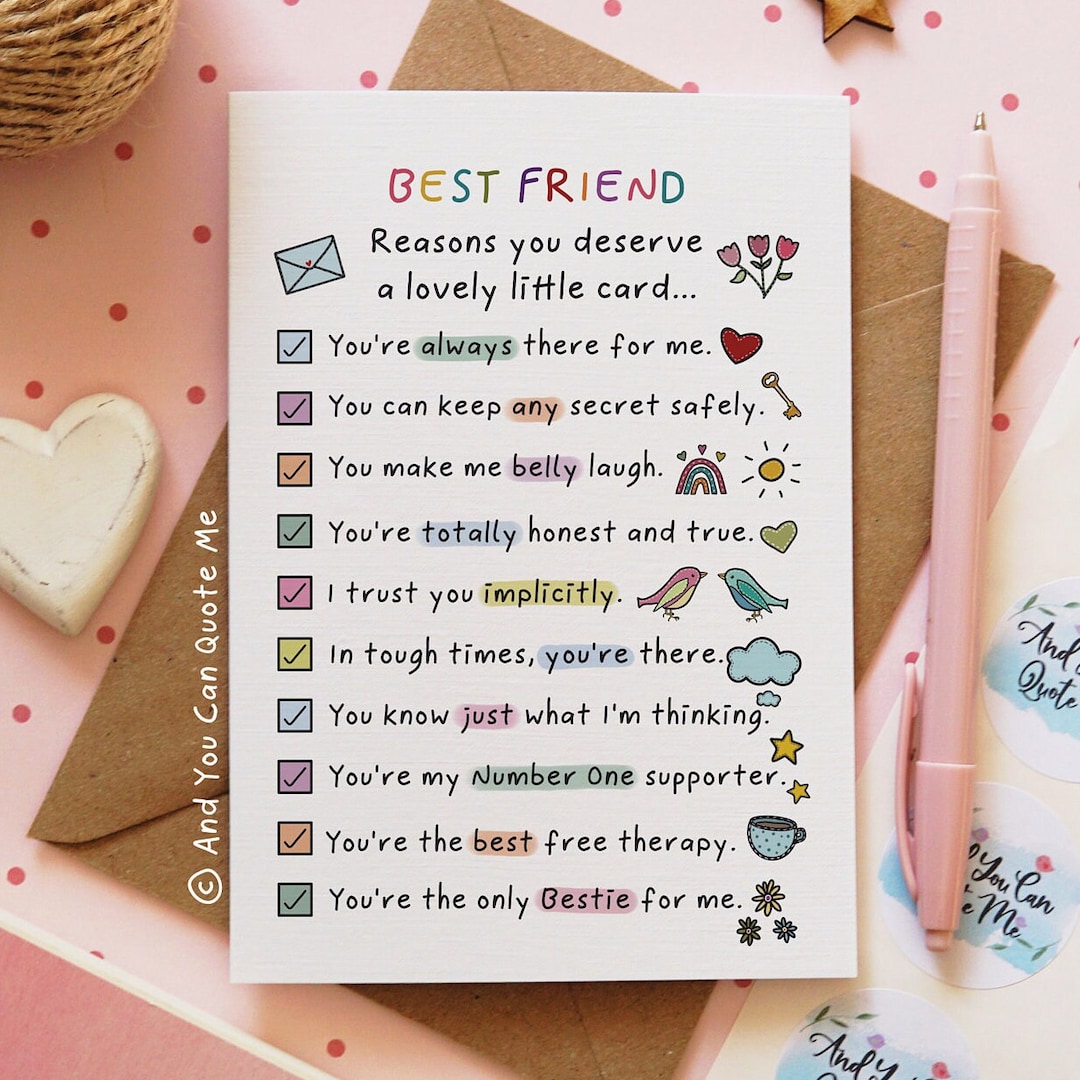 Bestie Reasons, Thank You Bestie, Friendship Card, Supportive Friend ...