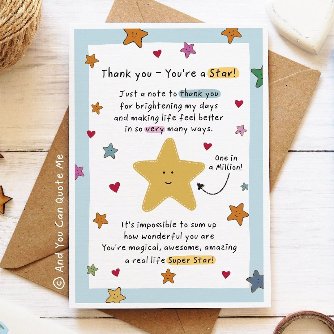 Thank You Card, Thank You Friend, Thank You Teacher, Super Star Card ...