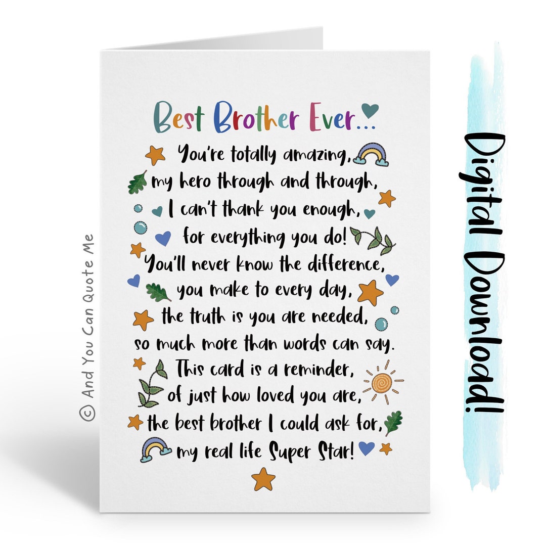 Printable Brother Card, Thank You Brother, Brother Poem, Digital ...