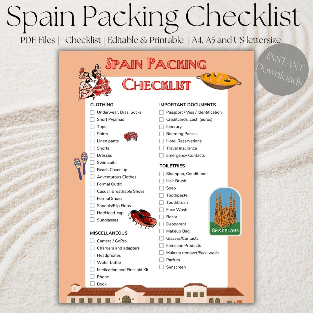 Spain Travel Packing Checklist Mediterranean Vacation Pack - Etsy