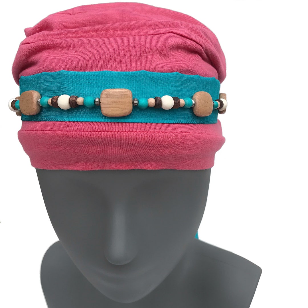 Aqua and Tan Wood Beaded Turban Accessory | Beaded Turban Headband ...